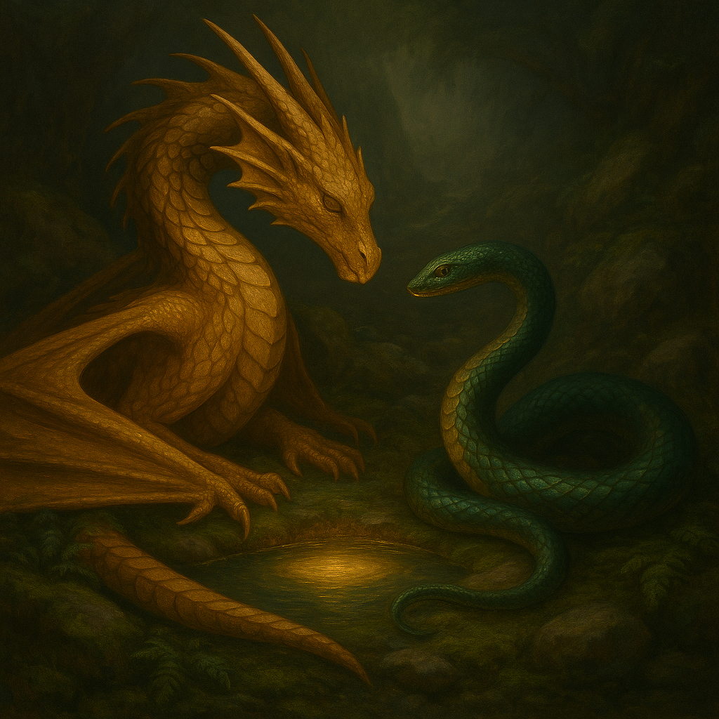 Dragon and Serpent by Glowing Pool – Aurelia System